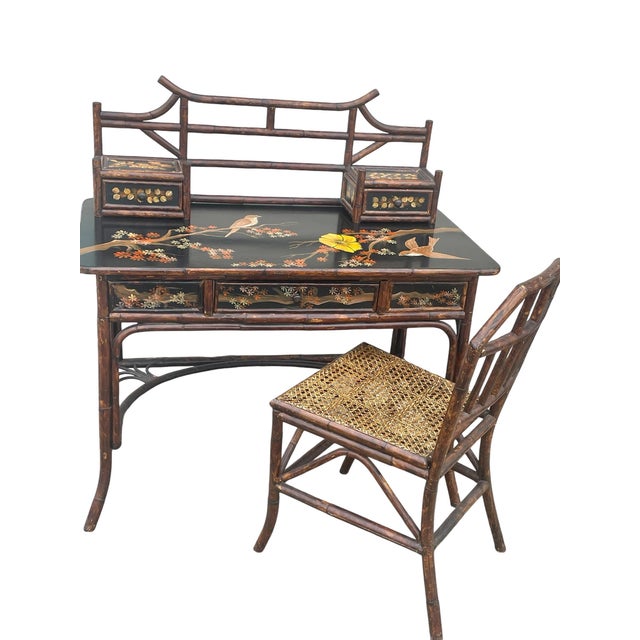 Fine Vintage Chinoiserie Scorched Bamboo Writing Desk | Chairish