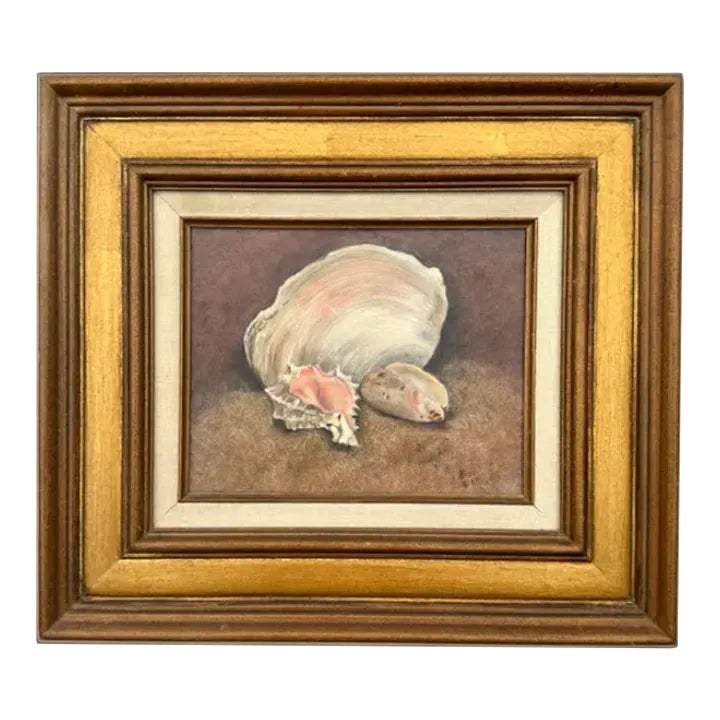 Vintage Boho Original Oil on Canvas Still Life of Shells Signed by the ...