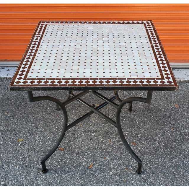 Handmade Moroccan Square Mosaic Table in White and Brown | Chairish