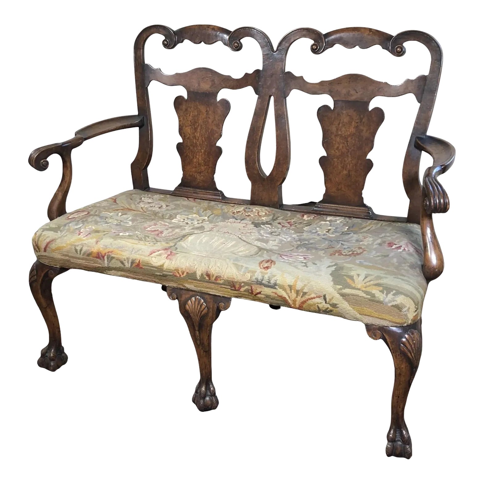 1940s Vintage Antique-Style English Chippendale Double-Chair Settee ...