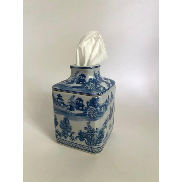 Blue and White Porcelain Chinoiserie Scene Tissue Box | Chairish