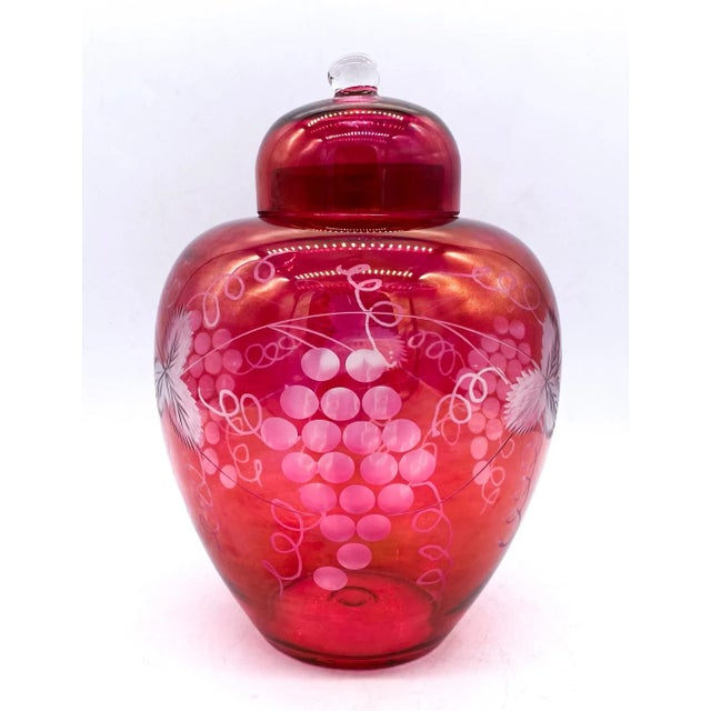Vintage Cut to Clear Ruby Red Flashed Glass Ginger Jar- Grape Vine ...
