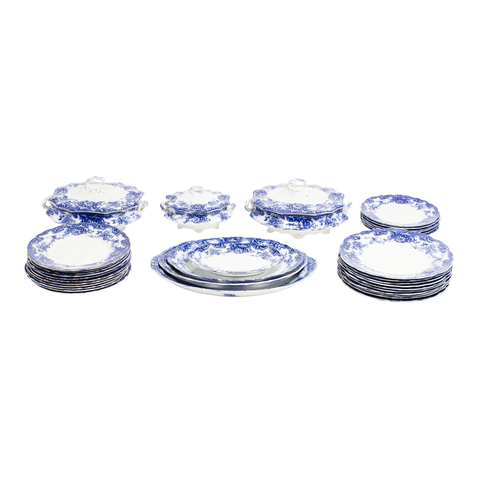 Mid 19th Century Wedgwood Flow Blue Dinnerware - Set of 34 | Chairish