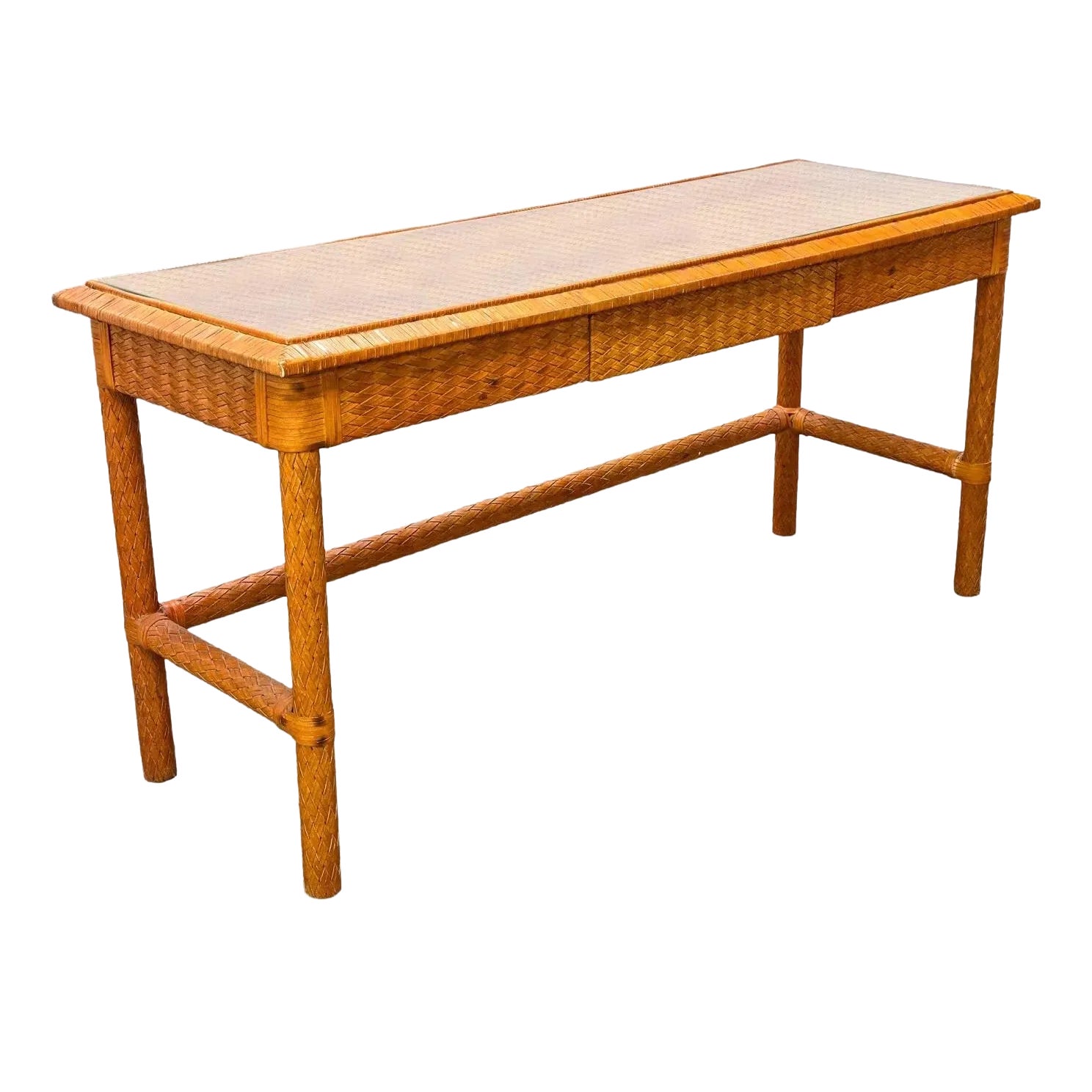 Leather Basket Weave Glass Top Foyer Console Table Attributed to ...