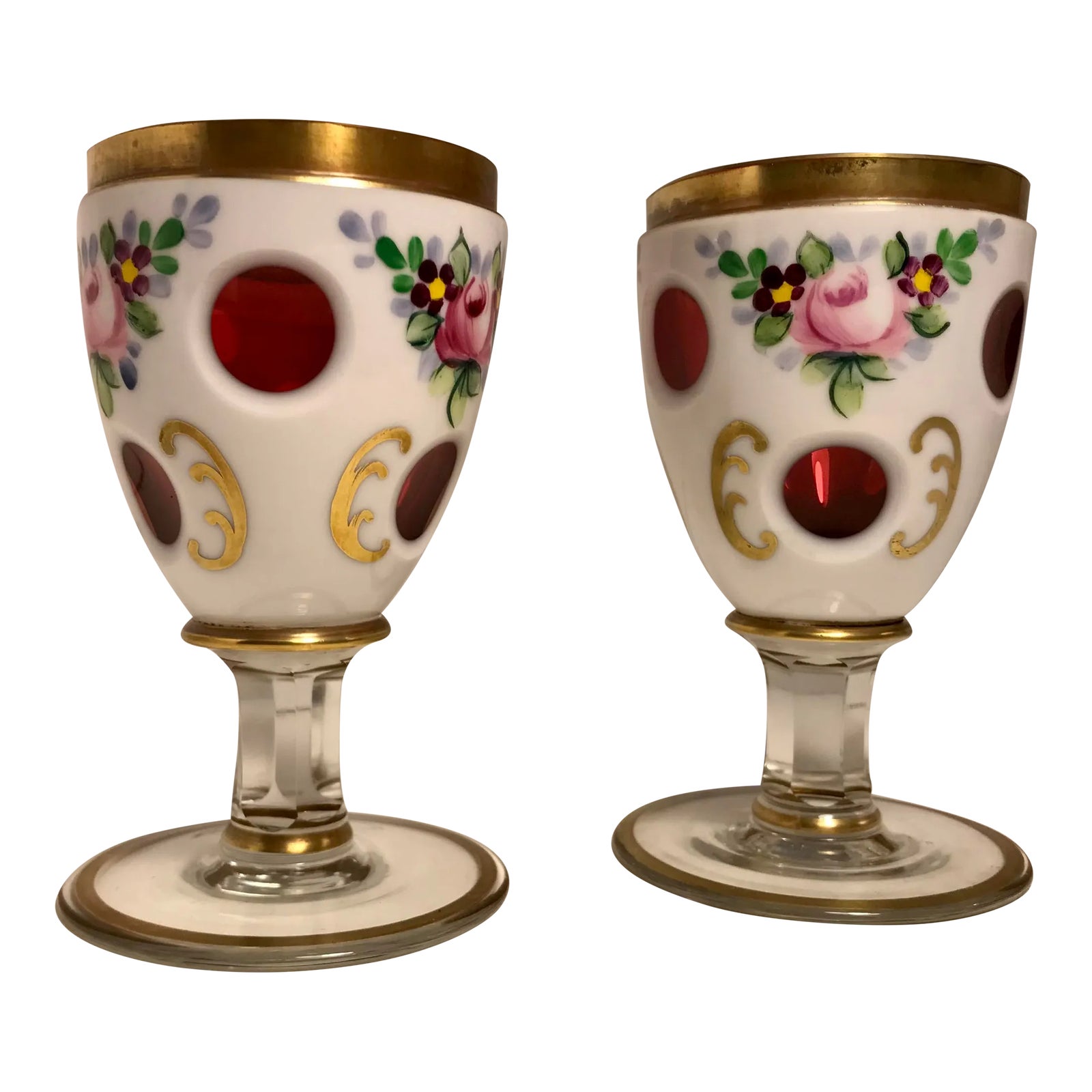 Set of 2 Vintage Czech Bohemian Moser Cordials White Enamel Cut to ...