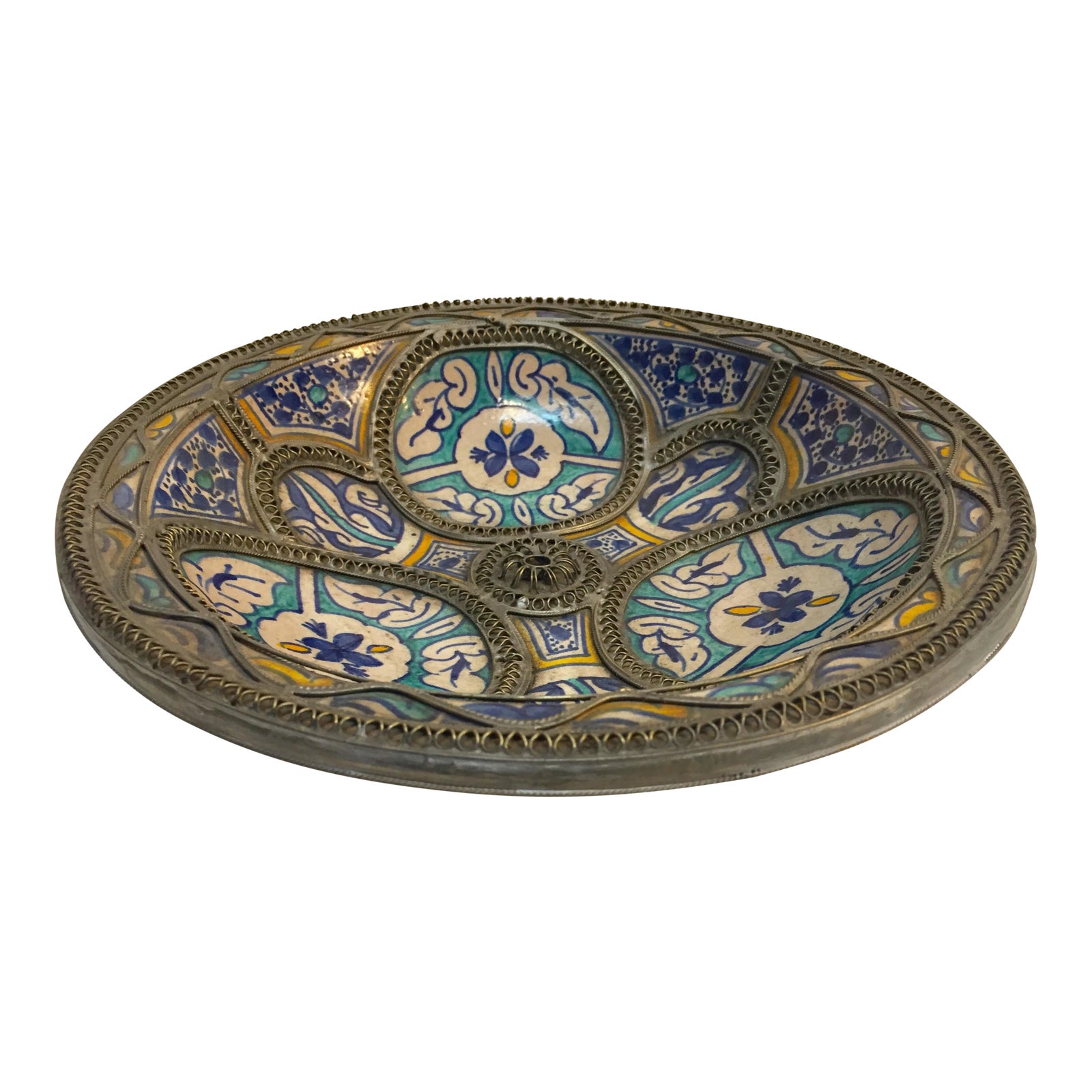 Moroccan Ceramic Plate With Silver Filigree | Chairish