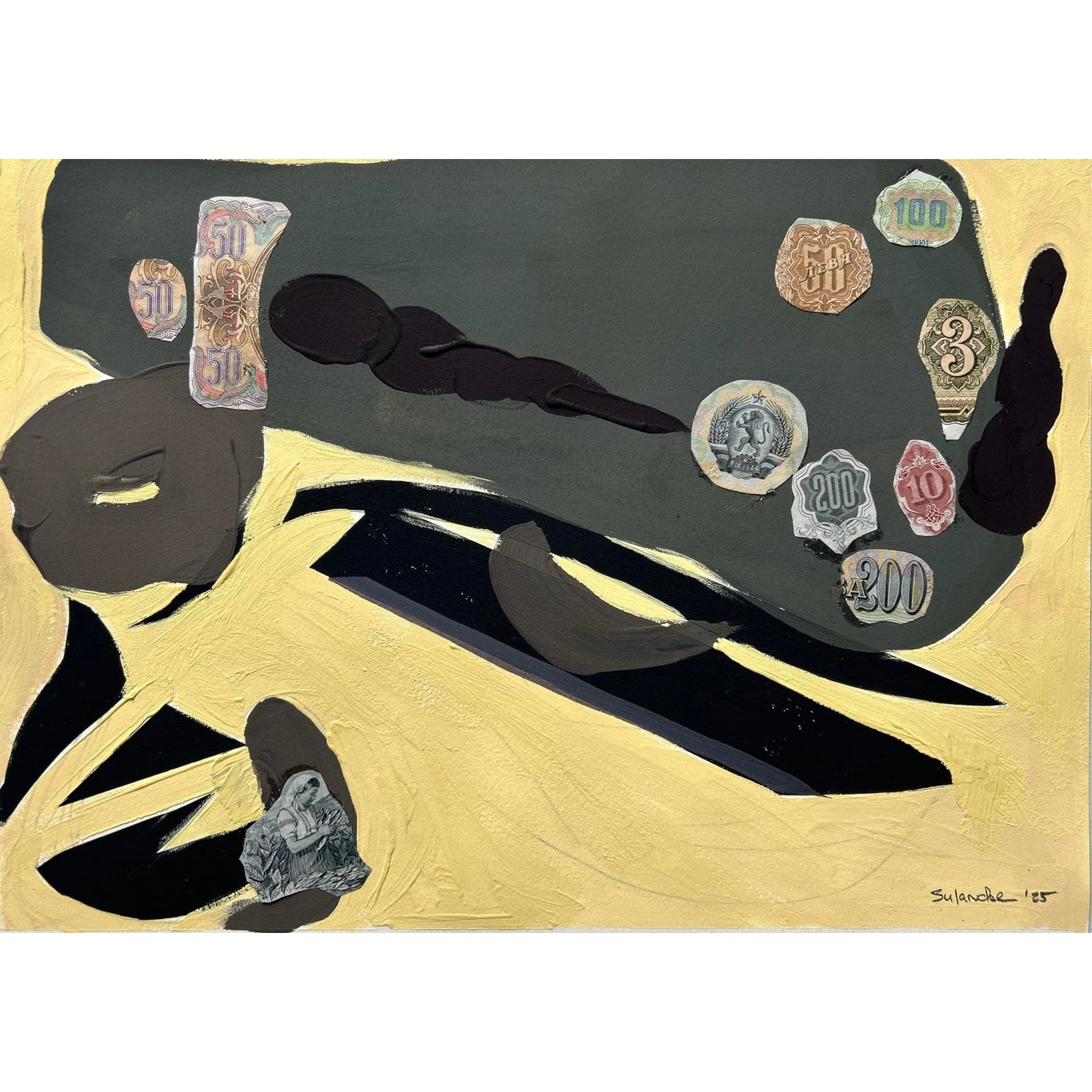 Abstract Painting/Collage “Currency” by Erik Sulander, Gouache on Paper ...