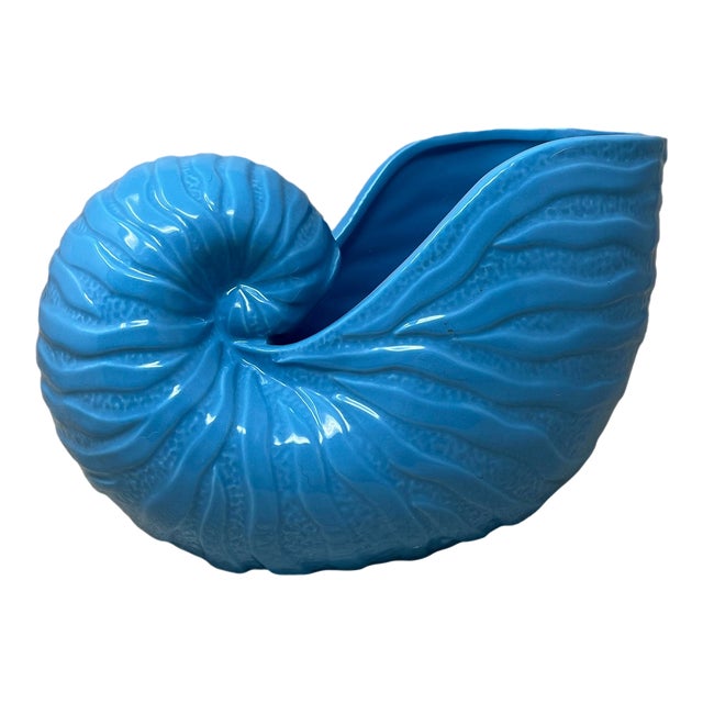 Glazed Ceramic Cyan Blue Nautilus Shell Bowl Planter | Chairish