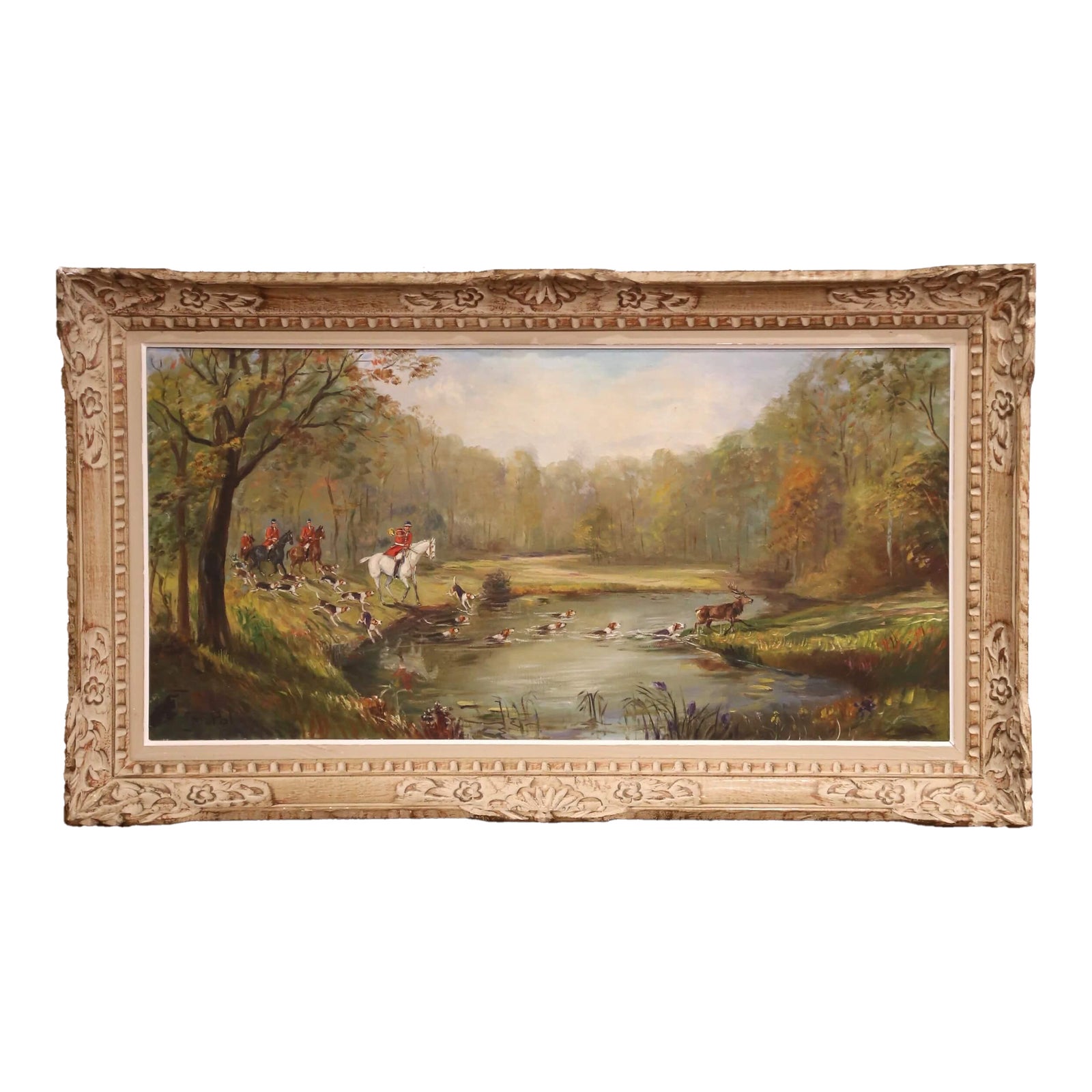 Early 20th Century Mid-Century French Stag Hunt Oil Painting in Carved ...