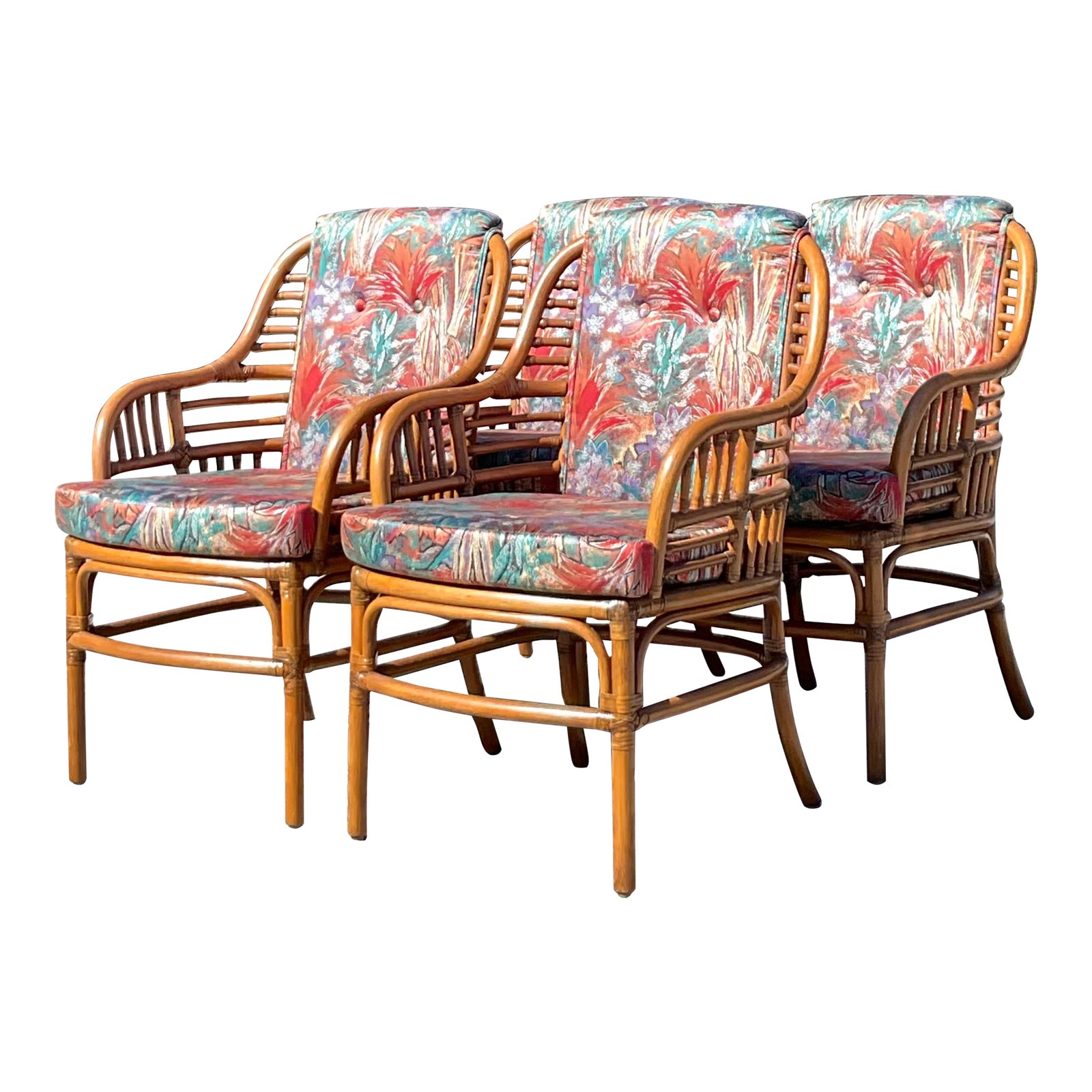 Vintage Coastal Ficks Reed Trellis Rattan Dining Chairs - Set of 4 ...