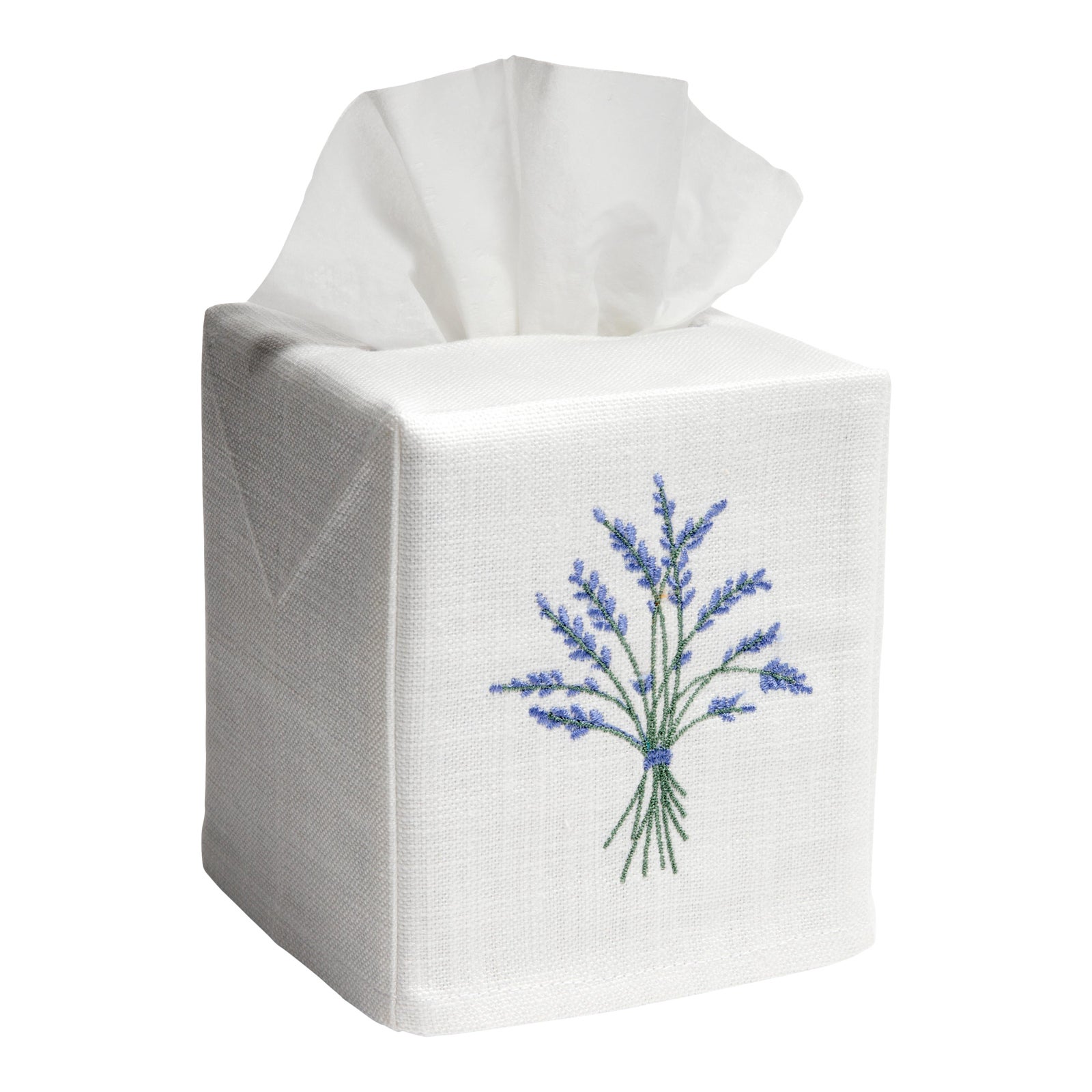 Blue Heather Tissue Box Cover in White Linen / Cotton, Embroidered ...