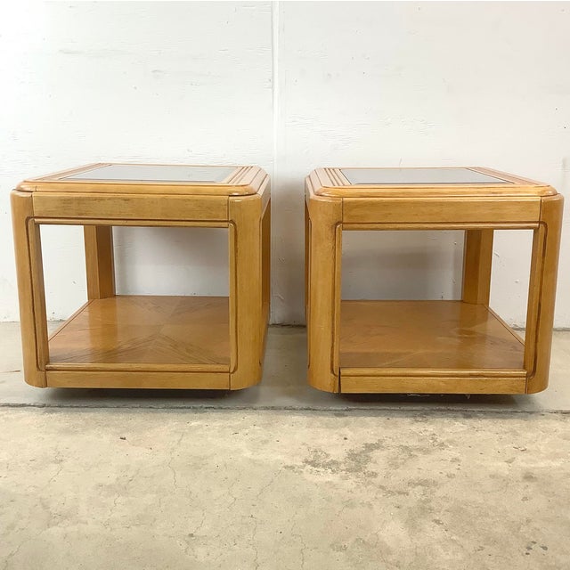 Retro Oak End Tables With Glass Tops- Pair | Chairish