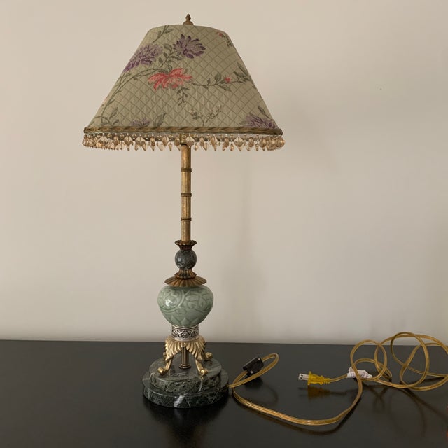Floral & Green Marble Table Lamp | Chairish