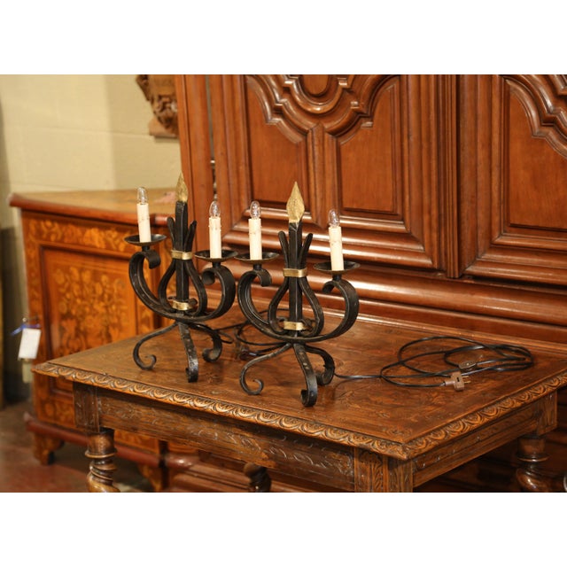 Early 20th Century French Gothic Forged Iron Two-Light Candelabras - a ...