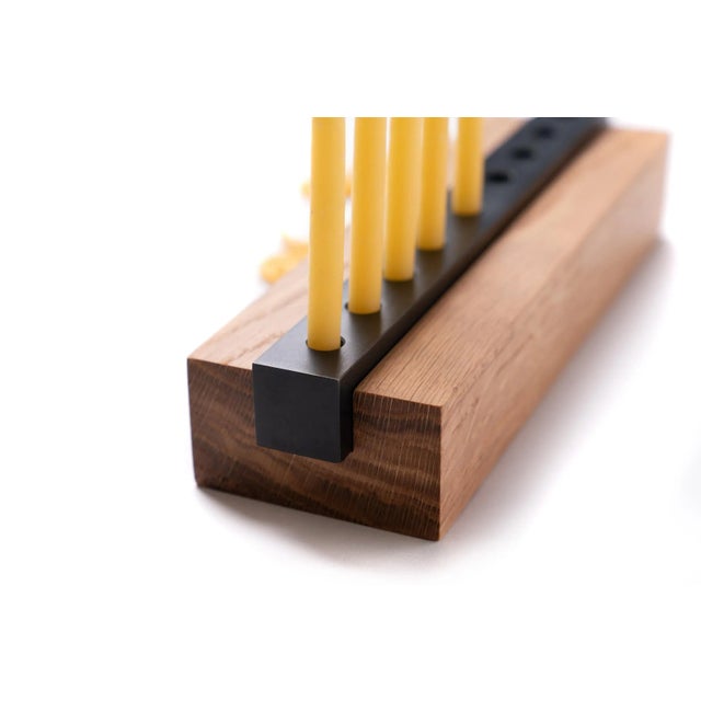 Modern Industrial Menorah in White Oakwood and Steel | Chairish
