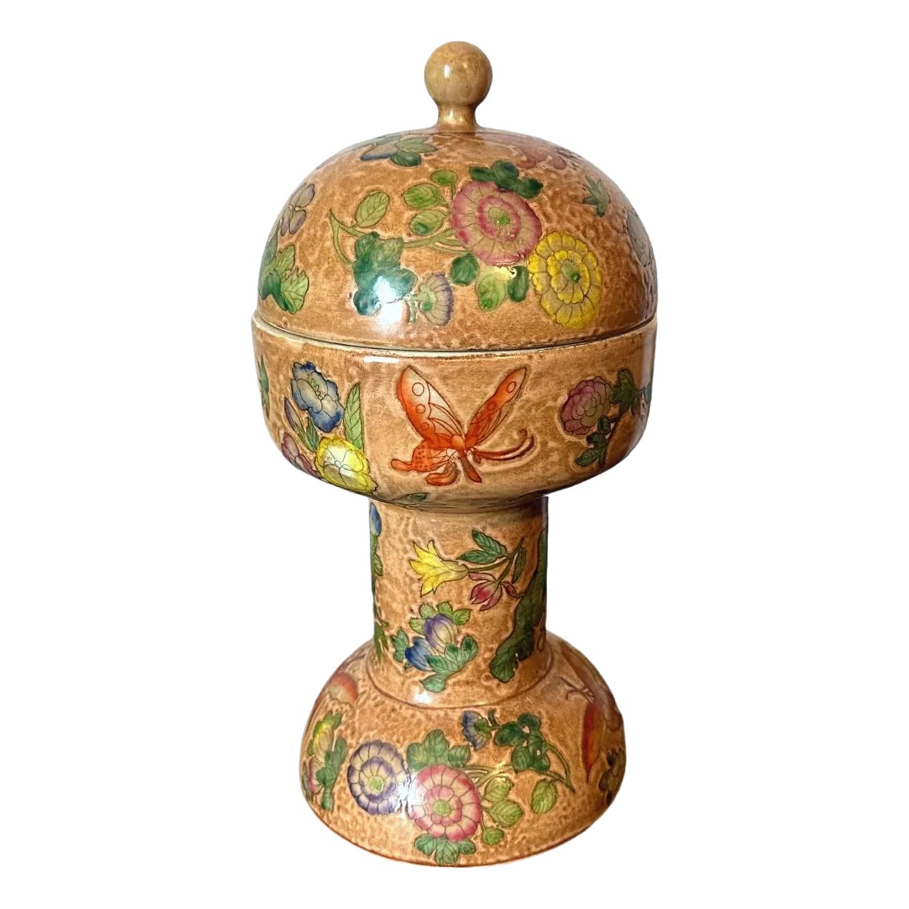 Large Vintage Chinese Hand Painted Ceramic Ceremonial Dou Vessel with ...