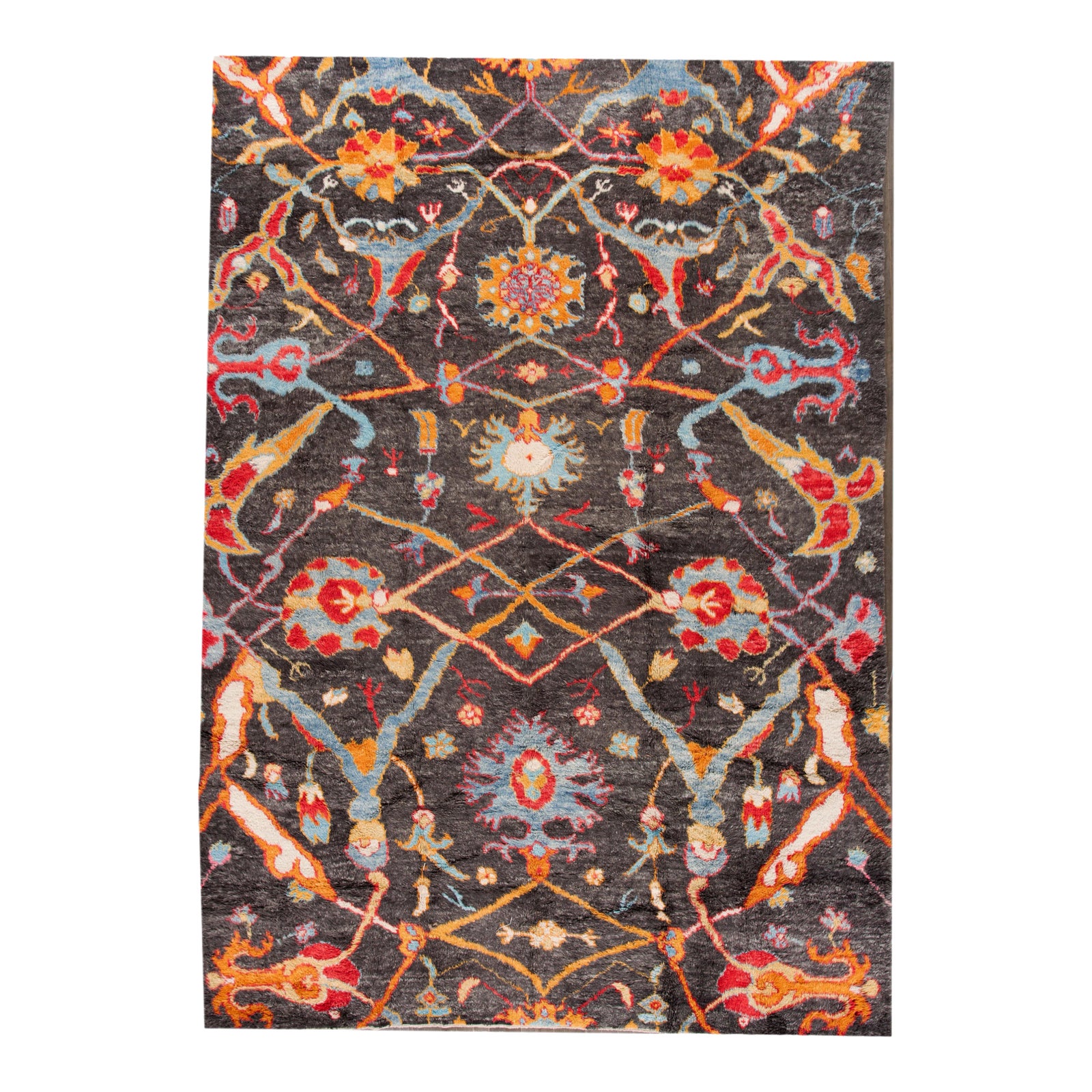 Modern Brown Moroccan Style Handmade Multicolor Floral Motif Wool Rug ...