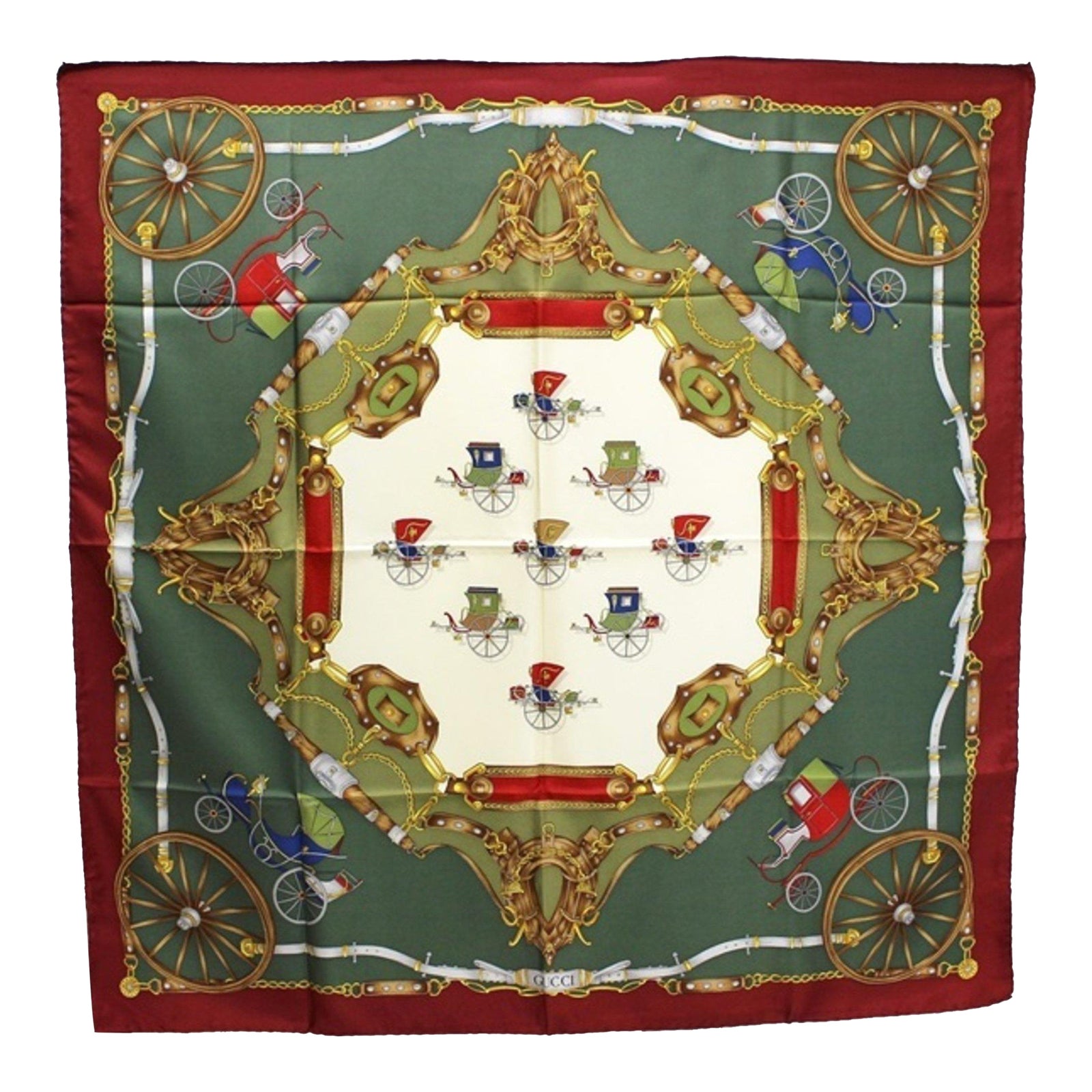 Gucci Silk Scarf Muffler Green X Wine Red Carriage Pattern Ladies ...