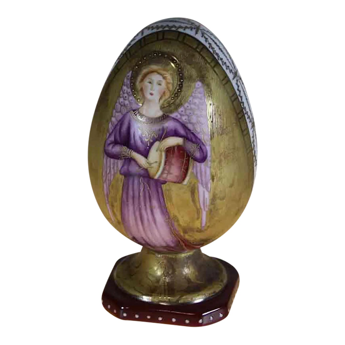 1990’s Vintage Medium Easter Egg With Angel Painting Blue Base | Chairish
