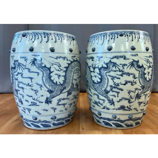 Pair of Ceramic Qing Dynasty Blue Dragon Stools 19th Century | Chairish
