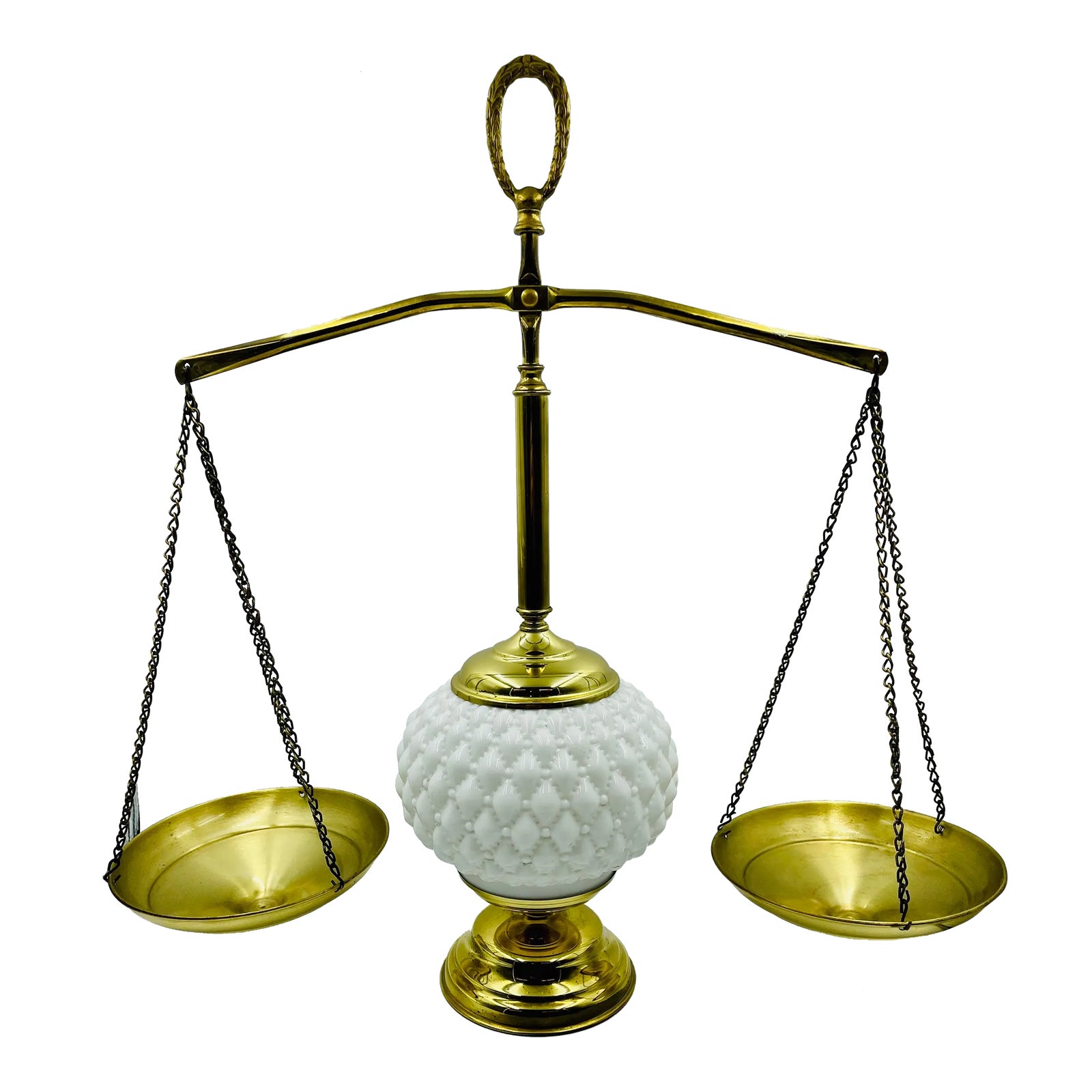 Vintage Brass & Milk Glass "Balance of Justice" Weight Scales | Chairish