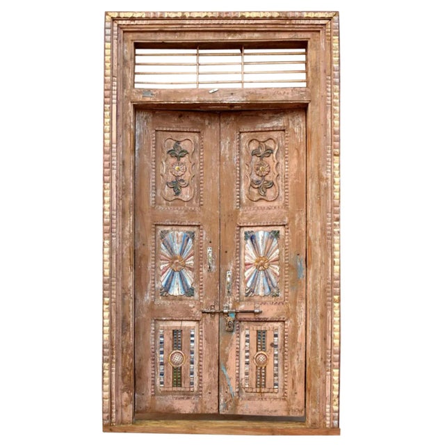 Antique Rustic Indian Carved Teak Door | Chairish