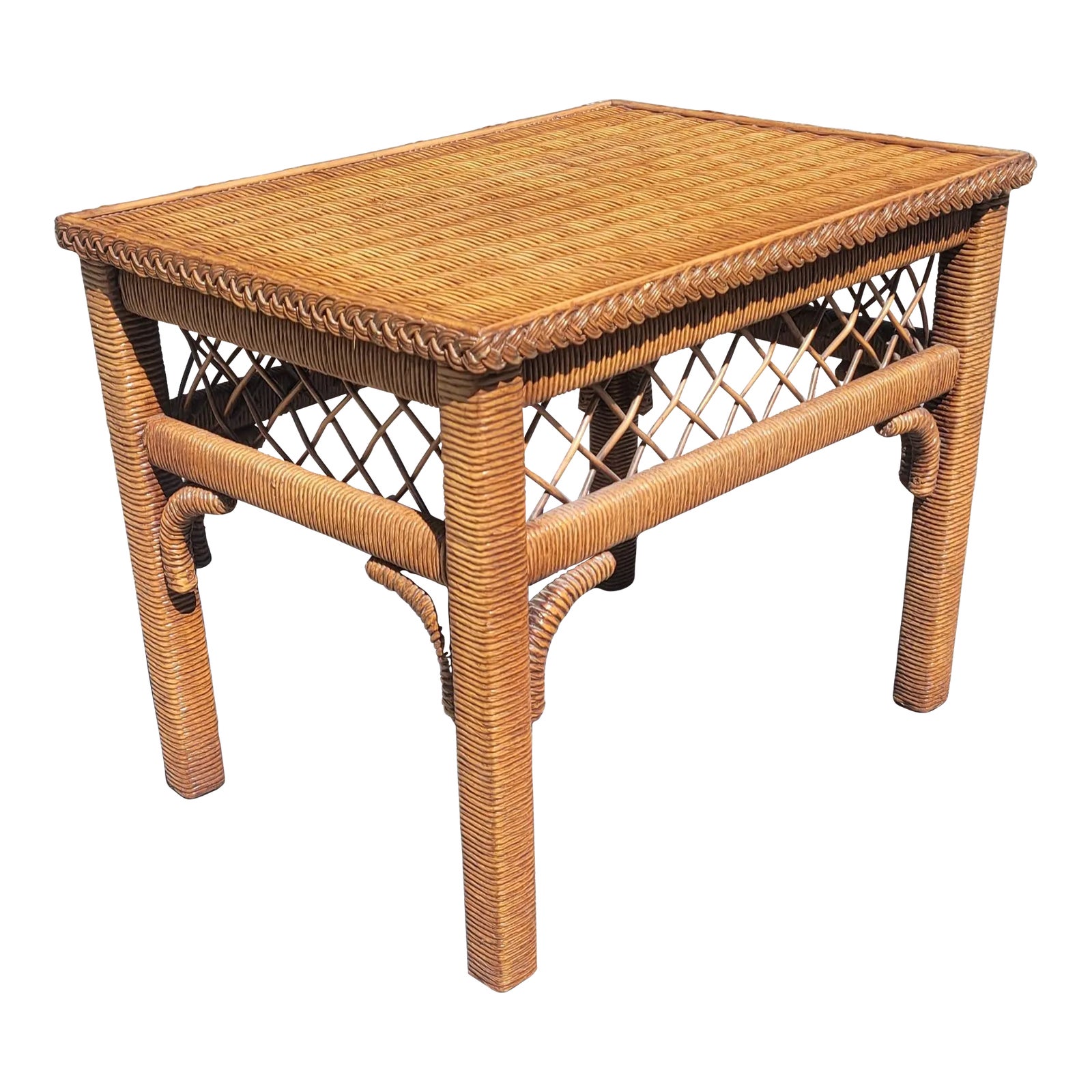Henry Link Boho Chic Wicker, Rattan and Glass Top Side Table | Chairish