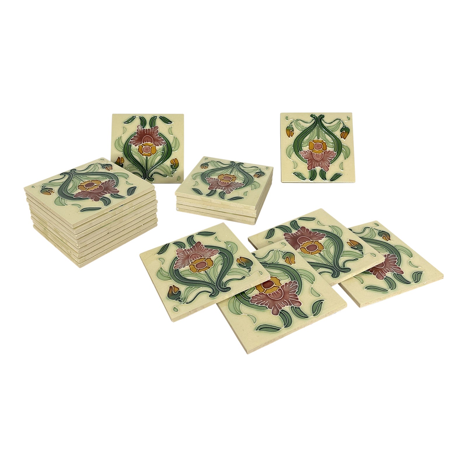 1990s German Embossed Art Nouveau Style Art Tiles - Set of 20 | Chairish