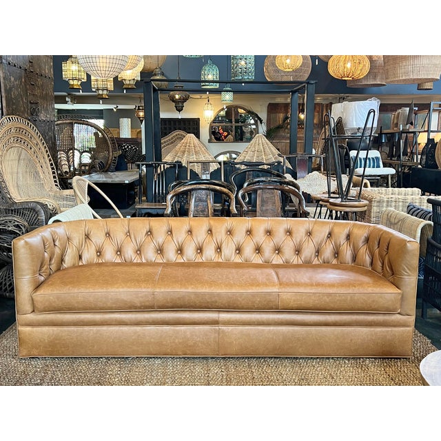Transitional Style Tufted Caramel Leather Sofa | Chairish