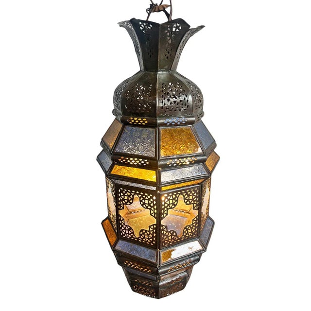 Moroccan Blue & Amber Pendant Light | Chairish