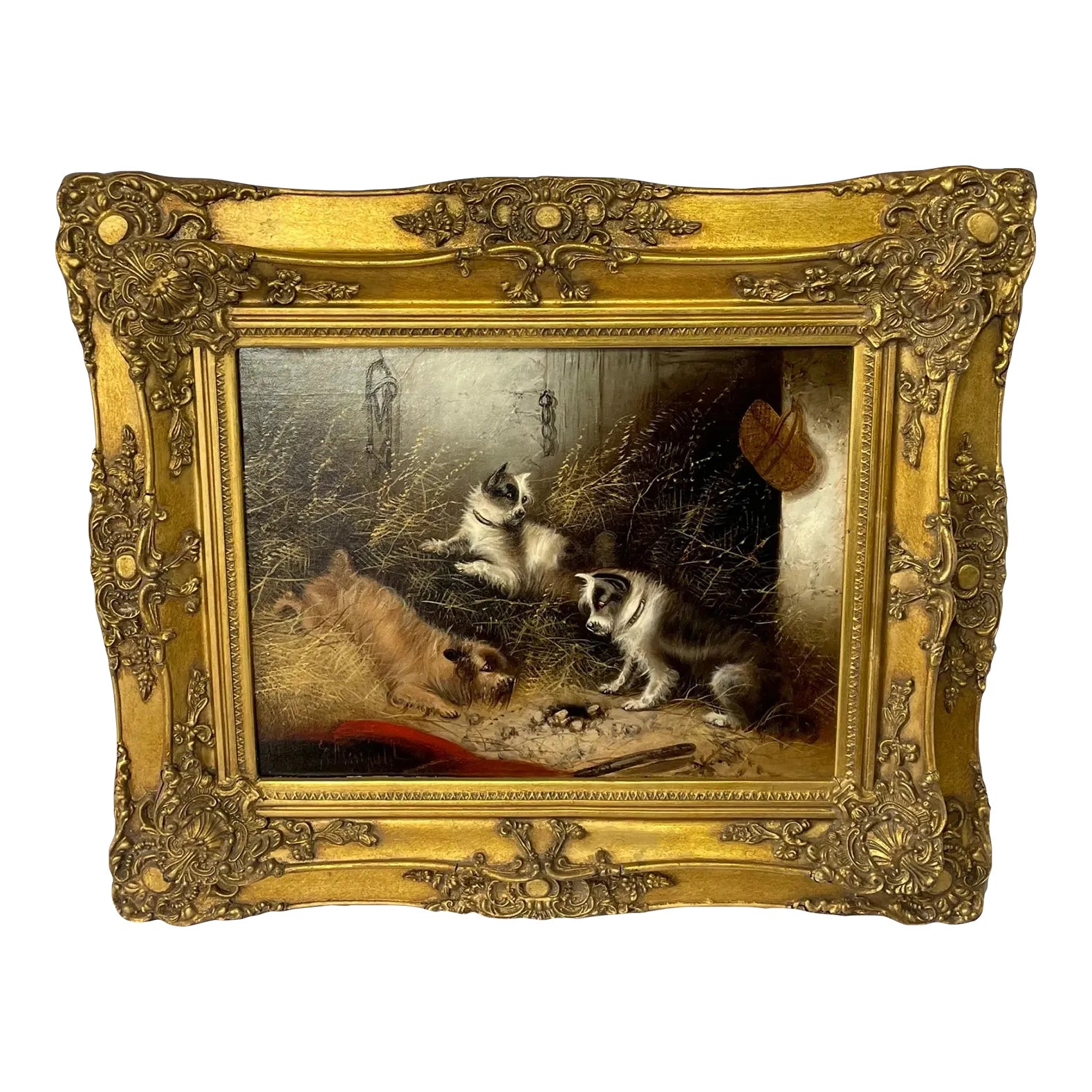British 19th Century Oil Painting of Three Hunting Terrier Dogs "A ...