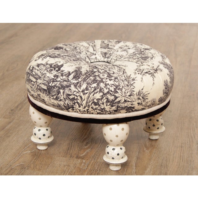 Blue Star Design French Toile Round Foot Stool | Chairish
