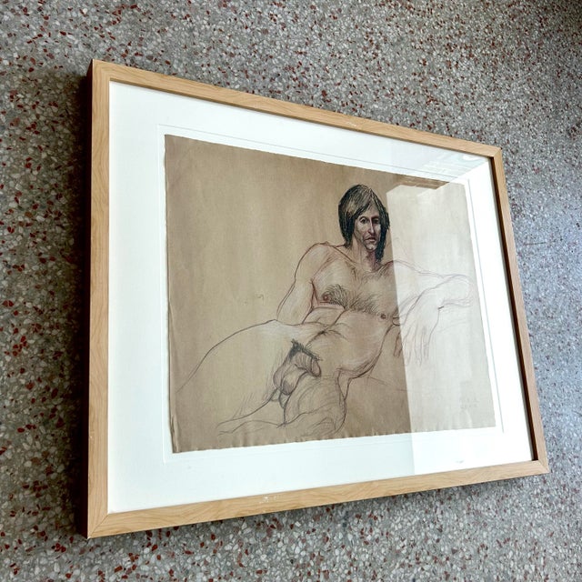 Vintage Boho Drawing of Reclined Man | Chairish