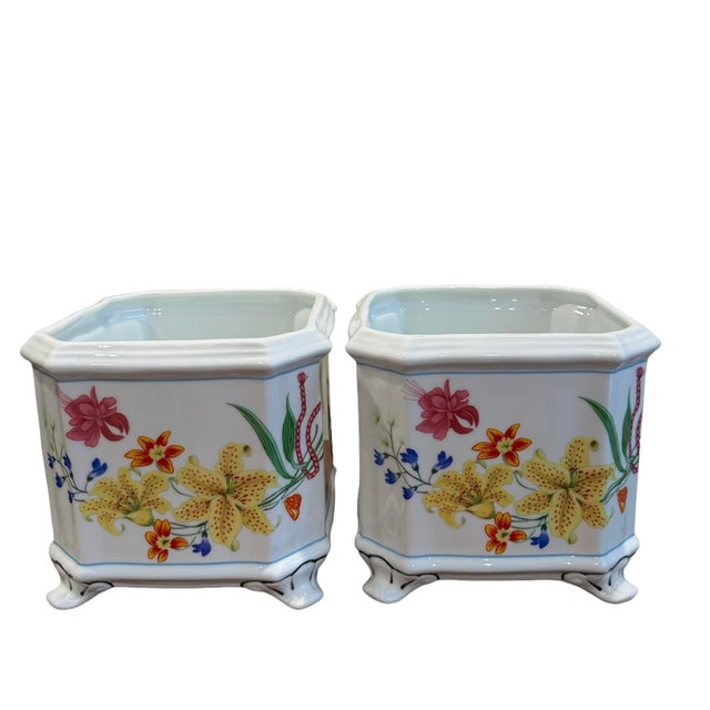Pair of 1990s Lynn Chase Flores Pink Peony Floral Dragonfly Footed ...