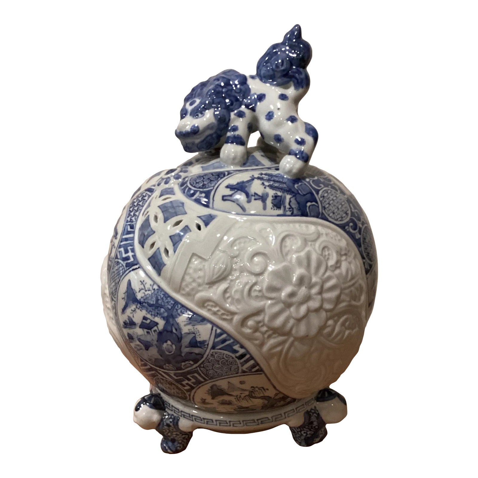 Vintage Asian Oriental Blue & White Ceramic Pottery Ball With Foo Dog ...