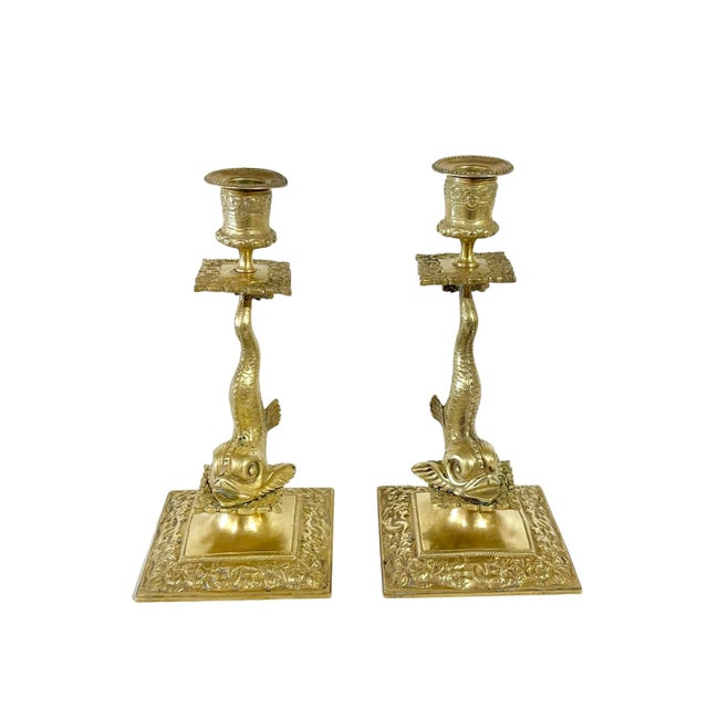 Pair of Antique French Louis XVI Style Gilt Bronze Dolphin Candlesticks ...