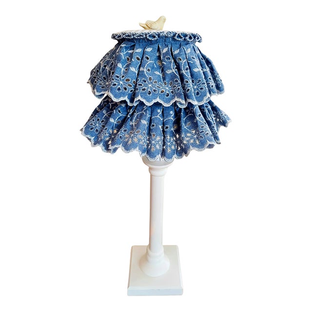 Ruffled Denim Eyelet Lace Table Lamp With Dove Finial | Chairish