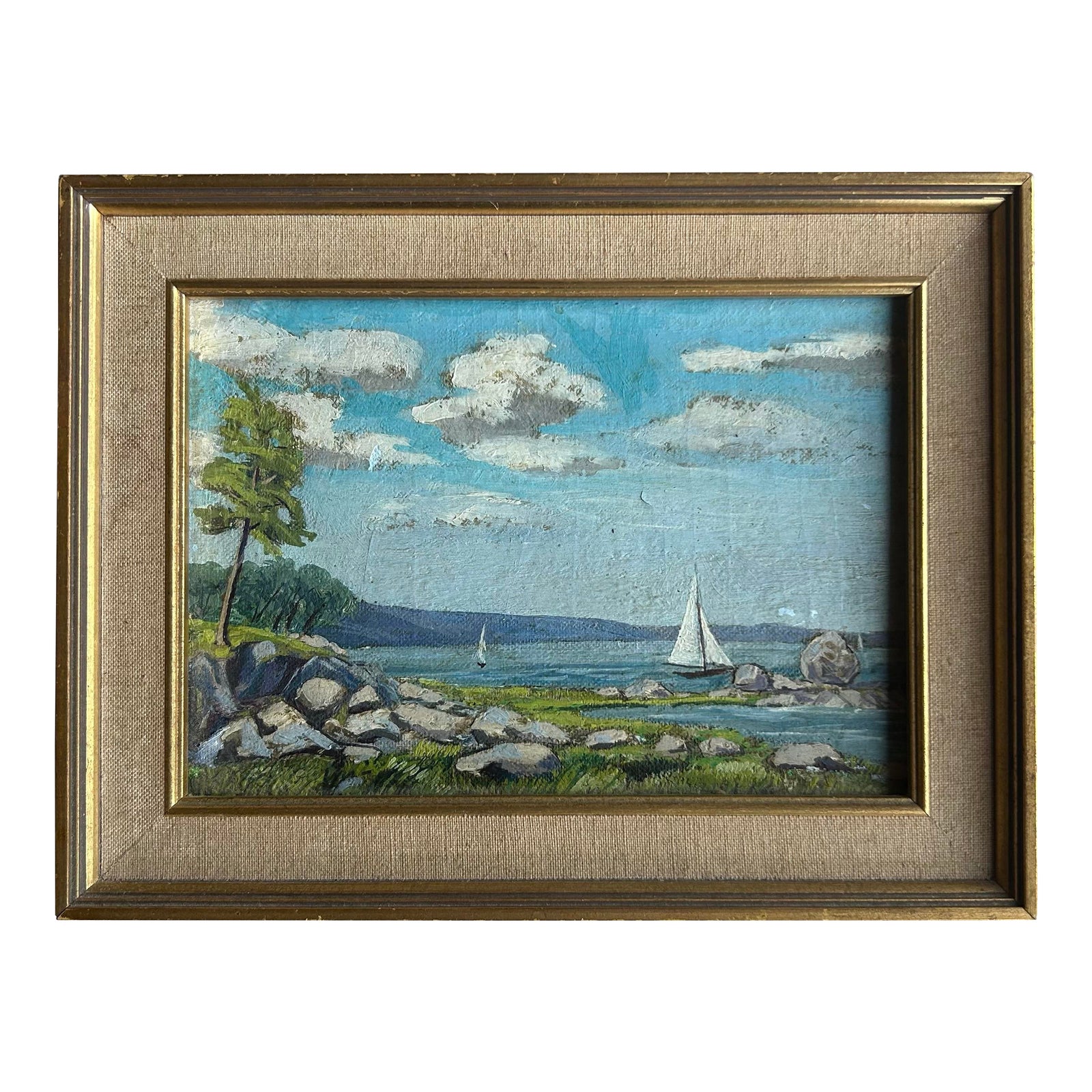 Antique Miniature Seascape Oil Painting With Sailboats | Chairish