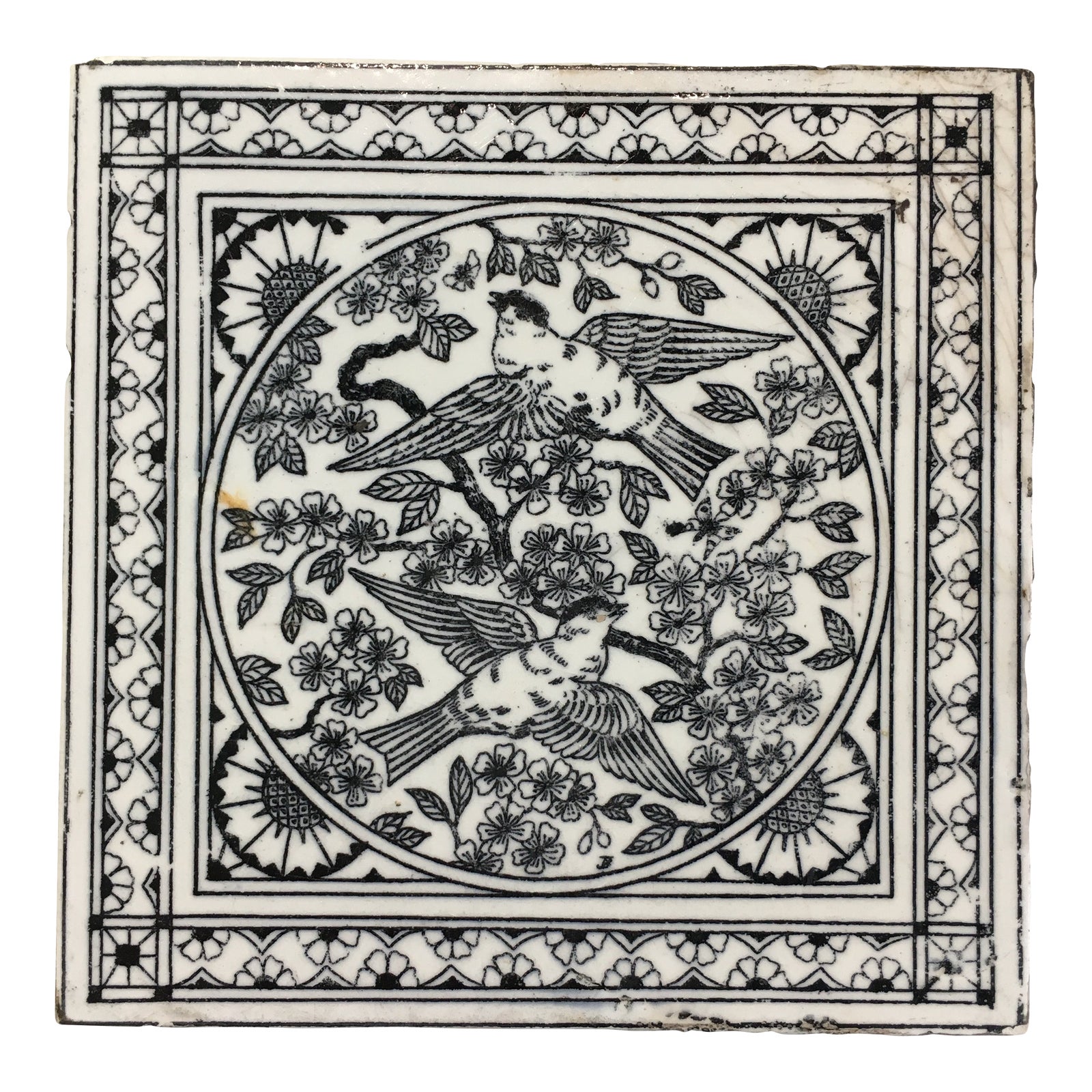 Victorian Aesthetic Movement Black + White Tile With Bird Motif | Chairish