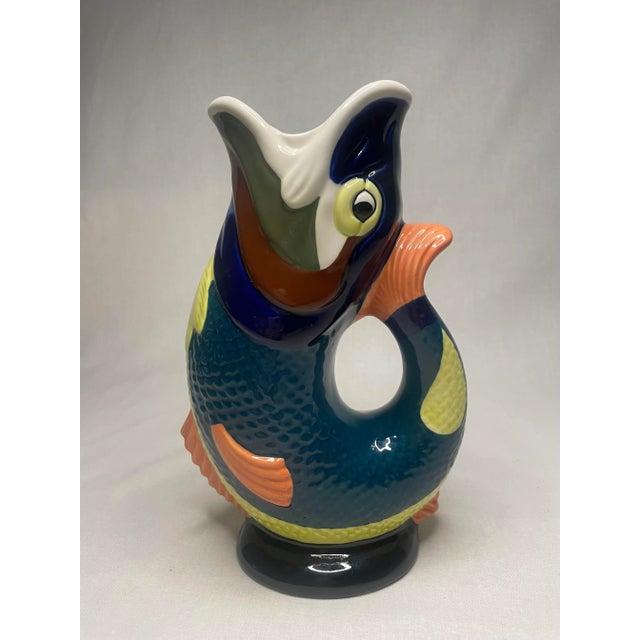 Late 20th Century Gluggle Fish Ceramic Pitcher in Teal, Orange and ...
