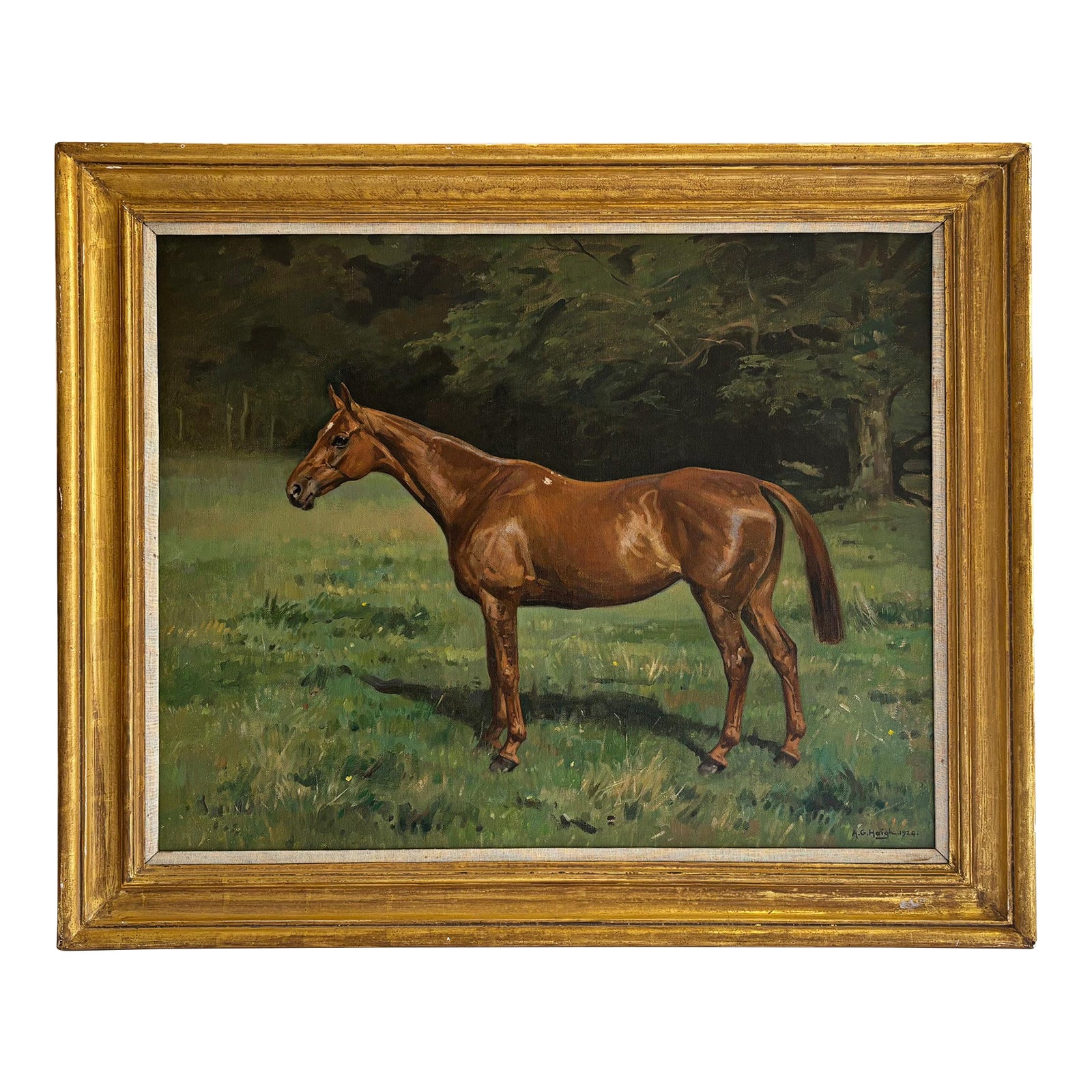 1924 “Chestnut Hunter in a Landscape” Antique Equestrian Horse Painting ...