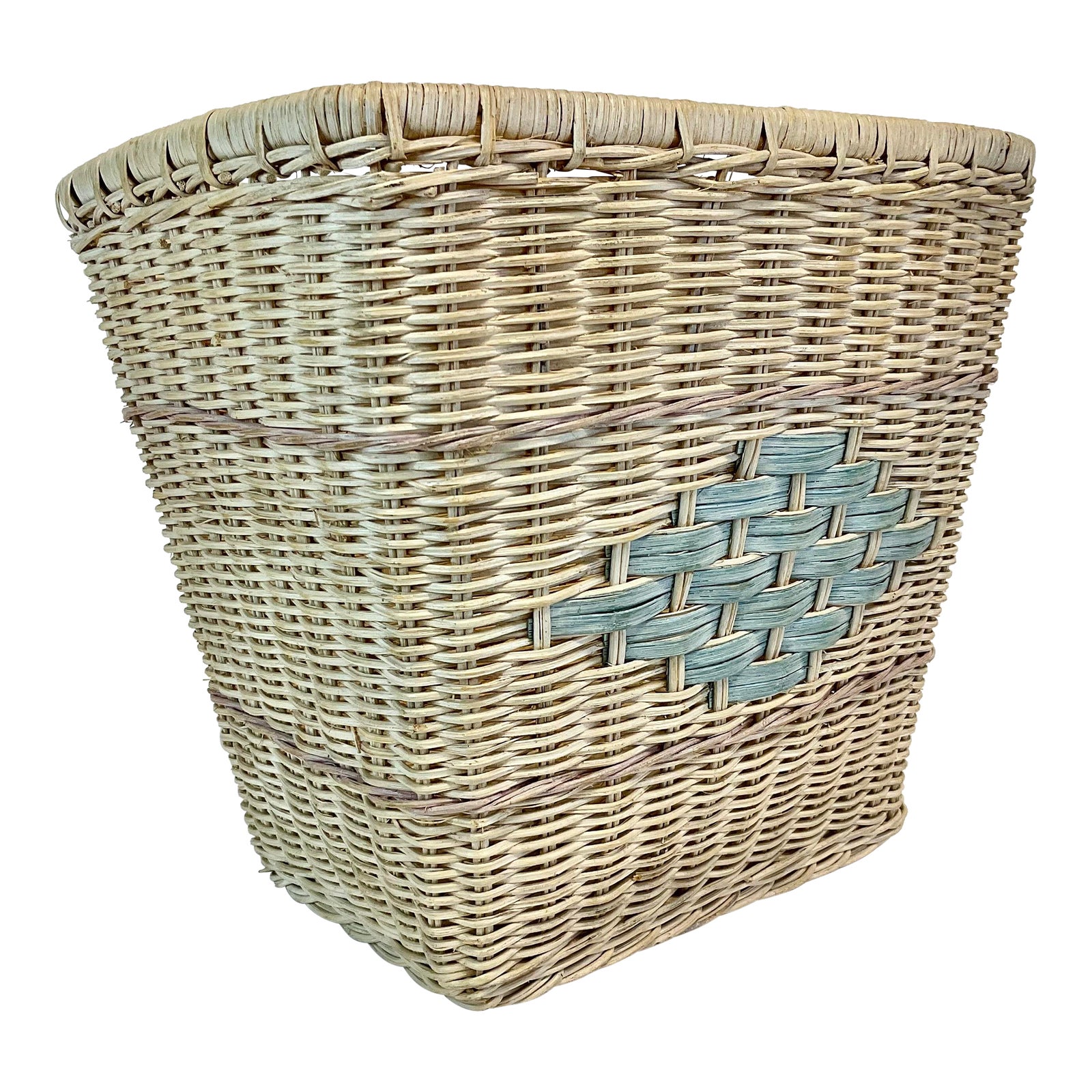 Mid Century Boho Chic Coastal Wicker Wastebasket With Blue Diamond ...