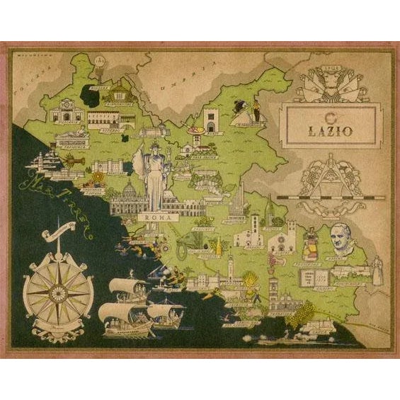 1940s Lazio Italian Regional Map (Rome) Original Color Lithograph ...