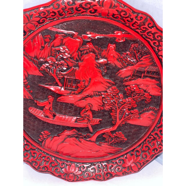 Chinese Hand Carved Cinnabar Red Plate | Chairish