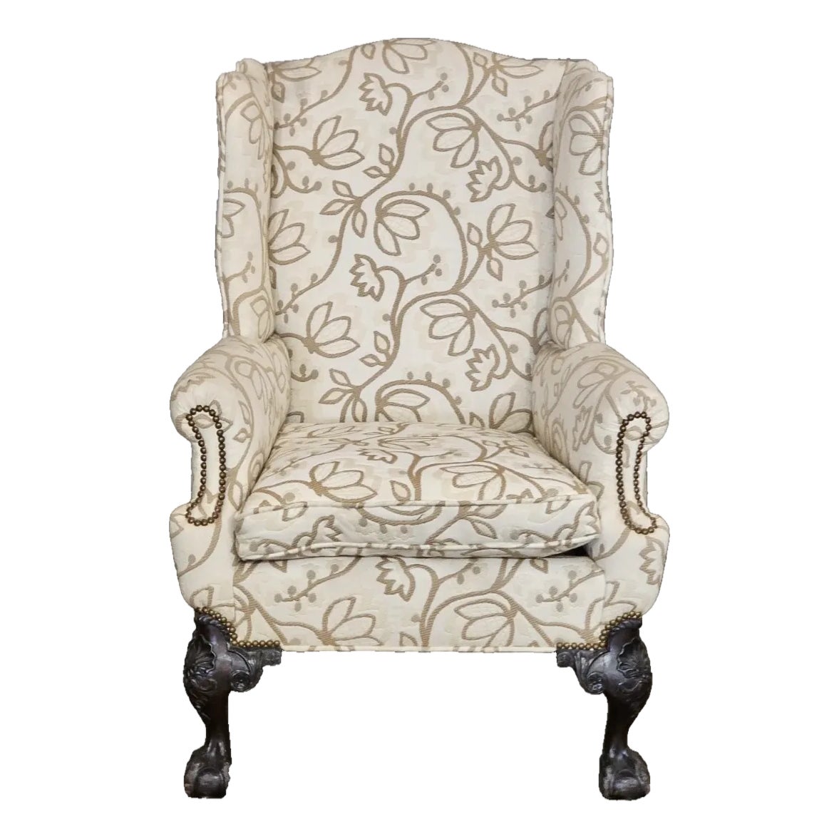 Antique Chippendale Mahogany Wing Chair Ball & Claw Feet Crewel Fabric ...