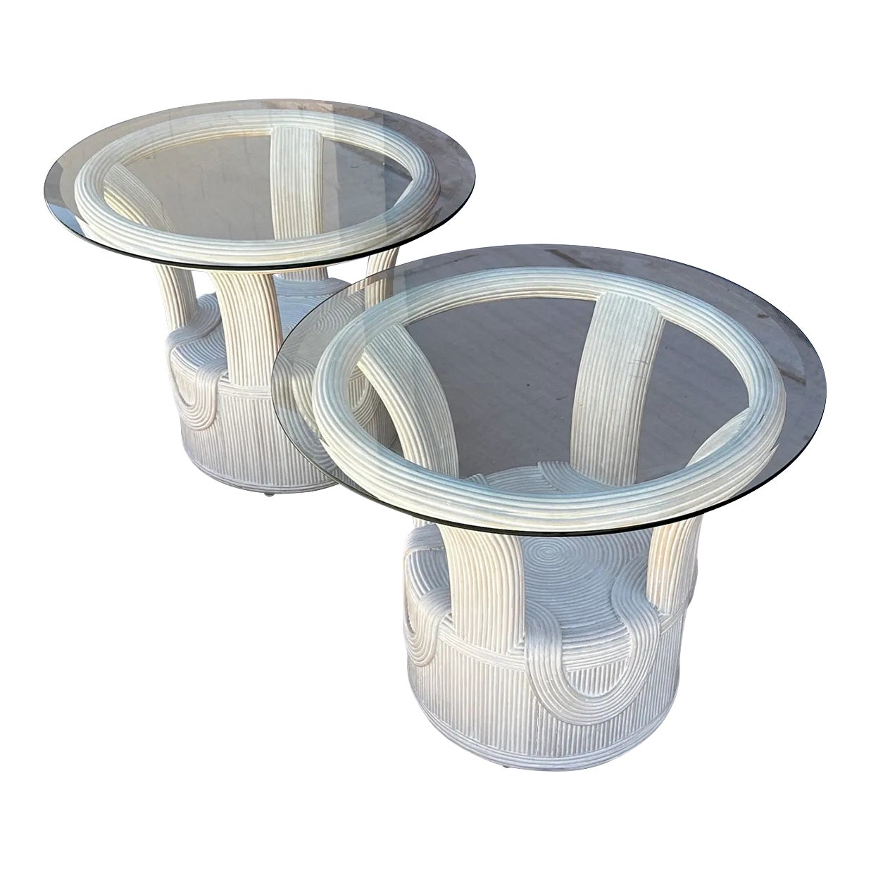 Cerused Pencil Reed Glass Top Side Tables-A Pair | Chairish