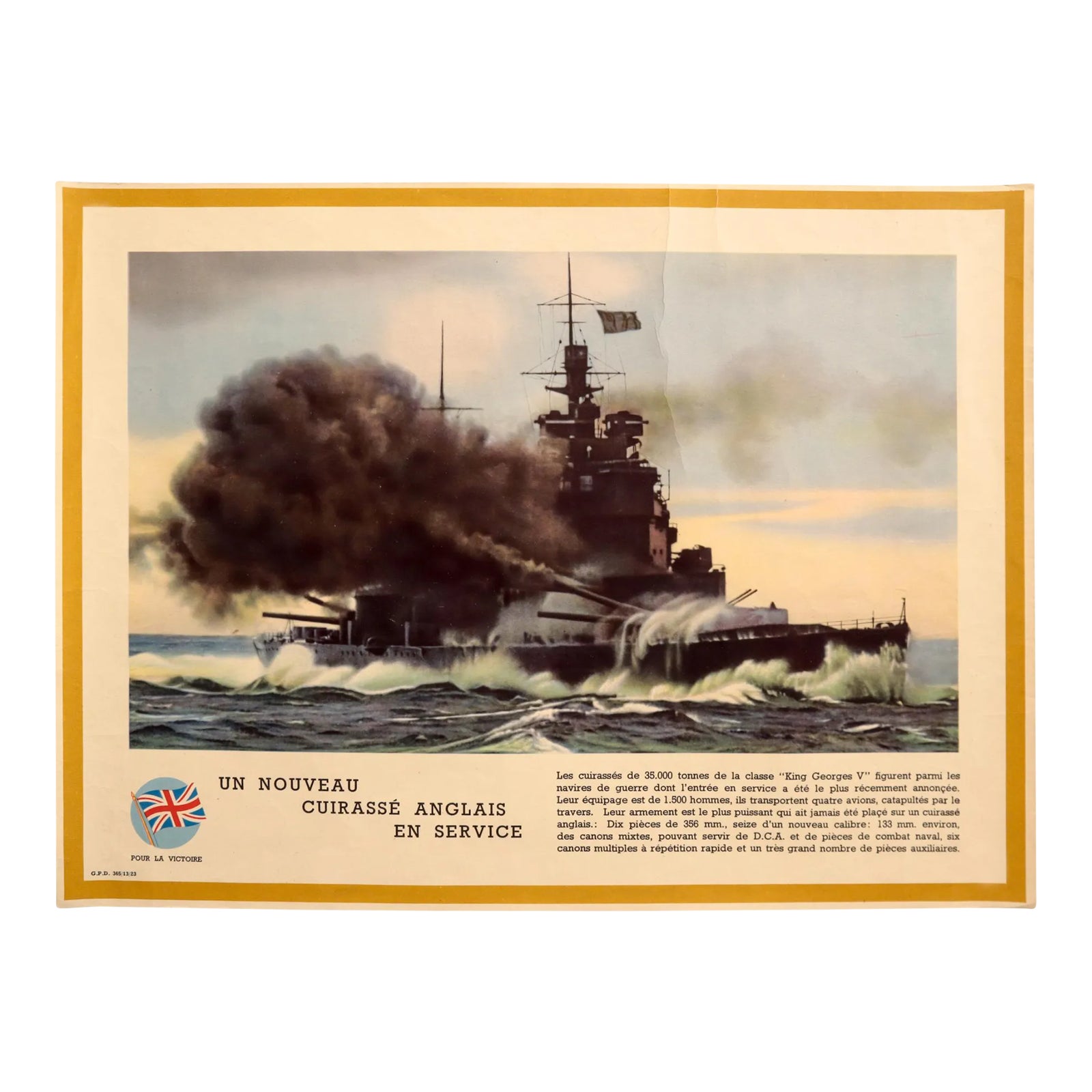 1940-1945 Original French Wwii Poster, Victoire / Un Nouveau Cuirassé ...