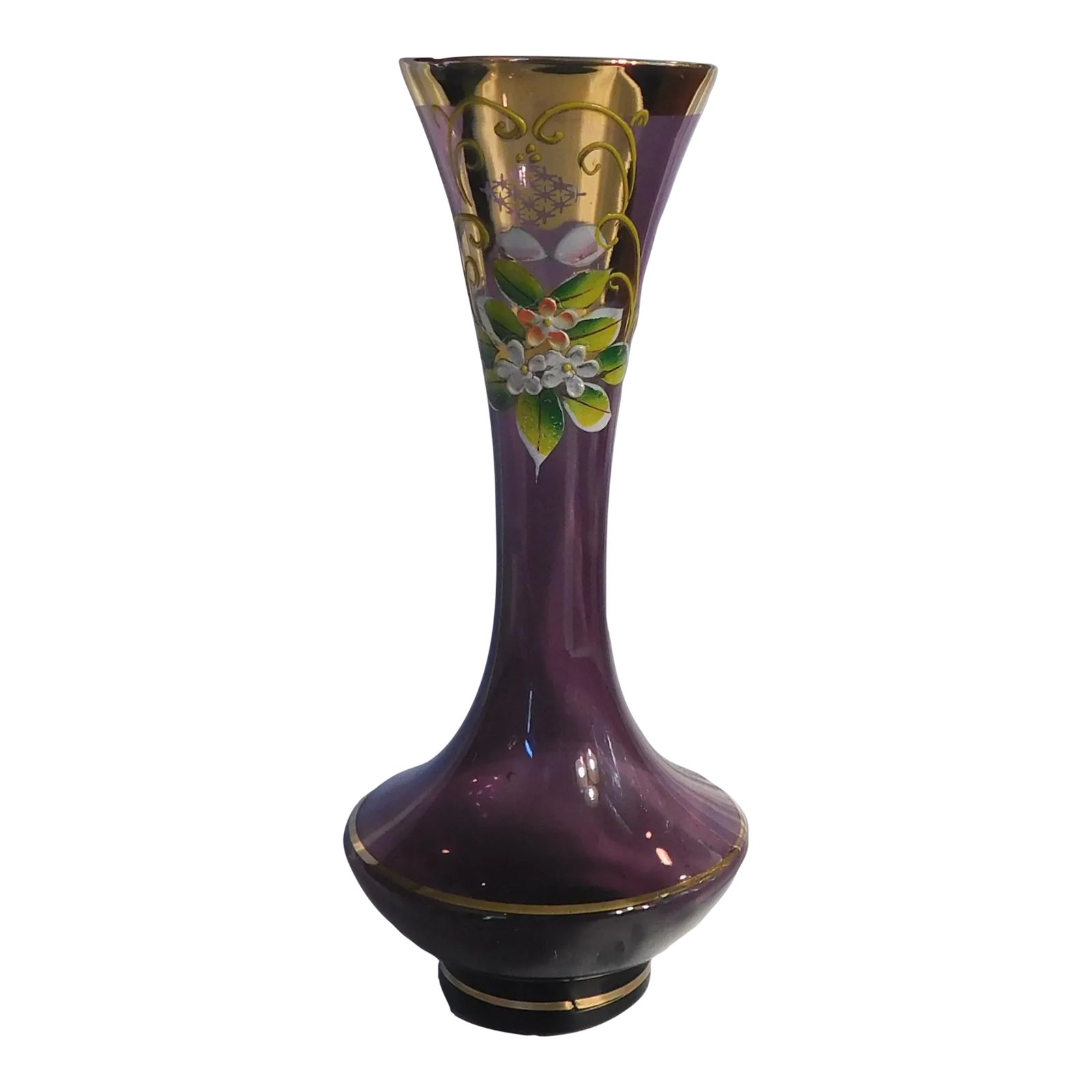 1960s Purple Bud Base With Gold Trim and Dimensional Flowers | Chairish