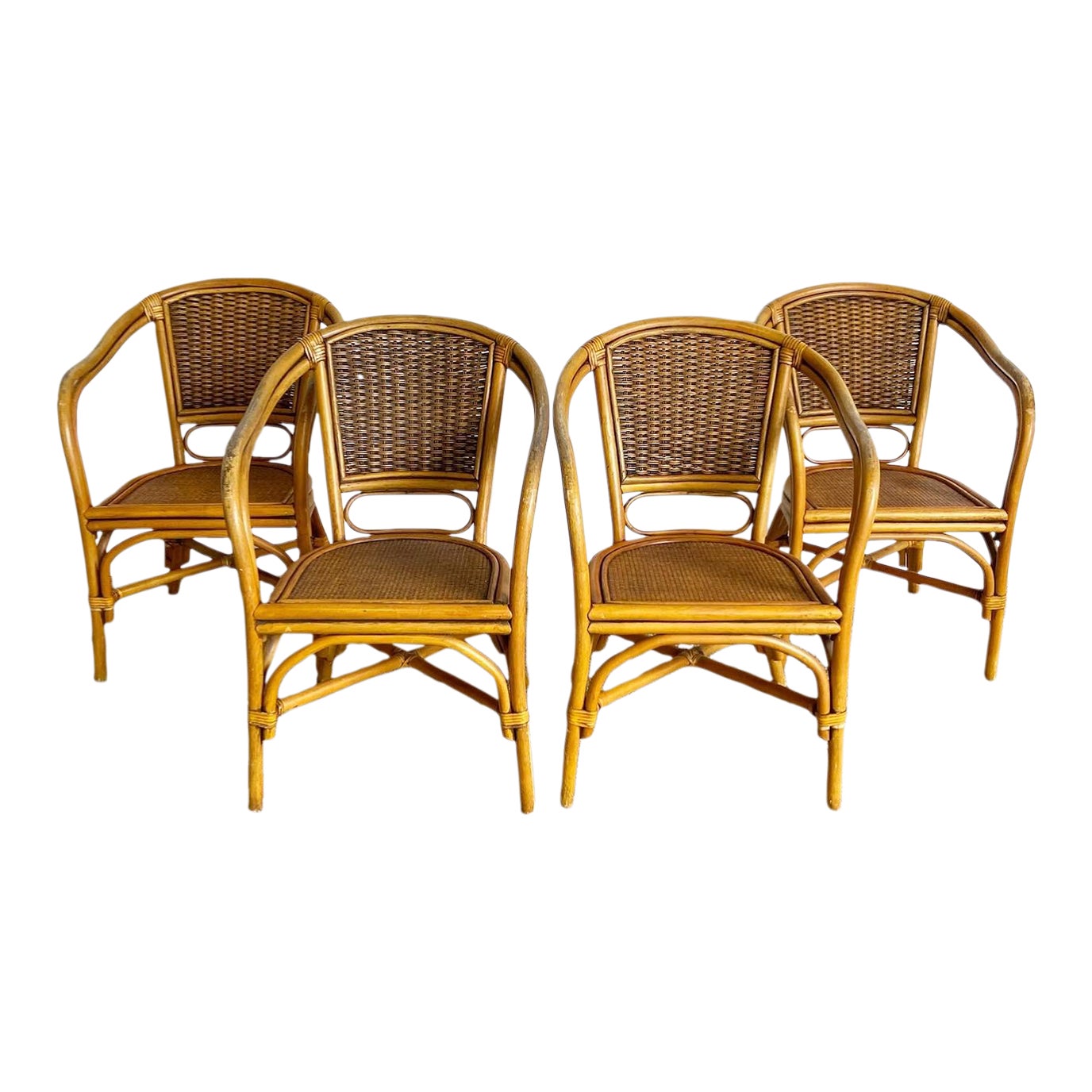 Boho Chic Bamboo Rattan Dining Chairs - Set of 4 | Chairish