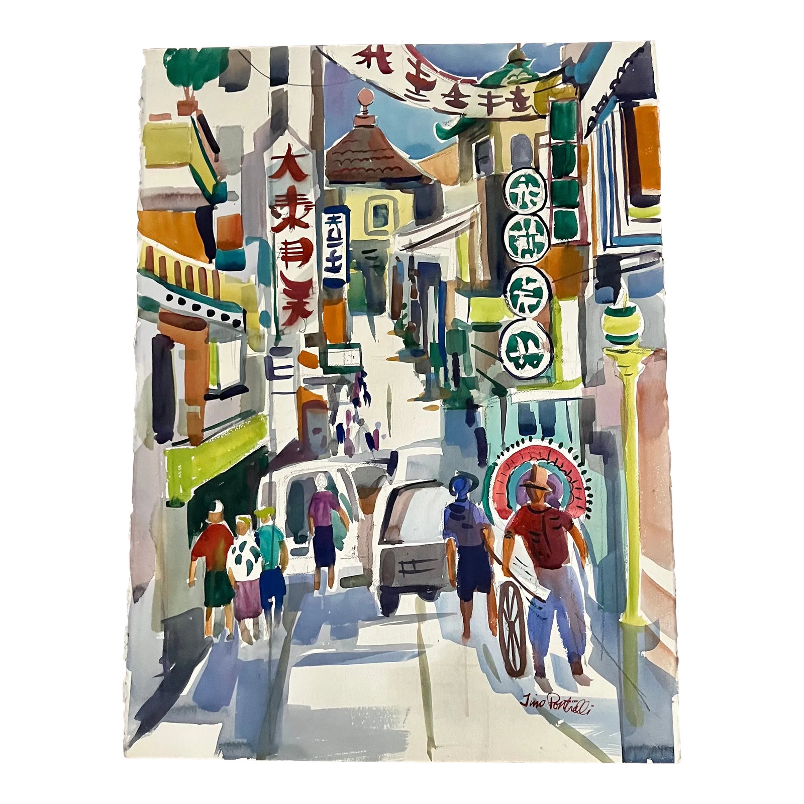 Vintage Tino Pontrelli Modern Watercolor Painting of Chinatown in San ...